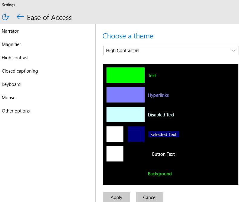 Ease of Access Settings in Windows 10